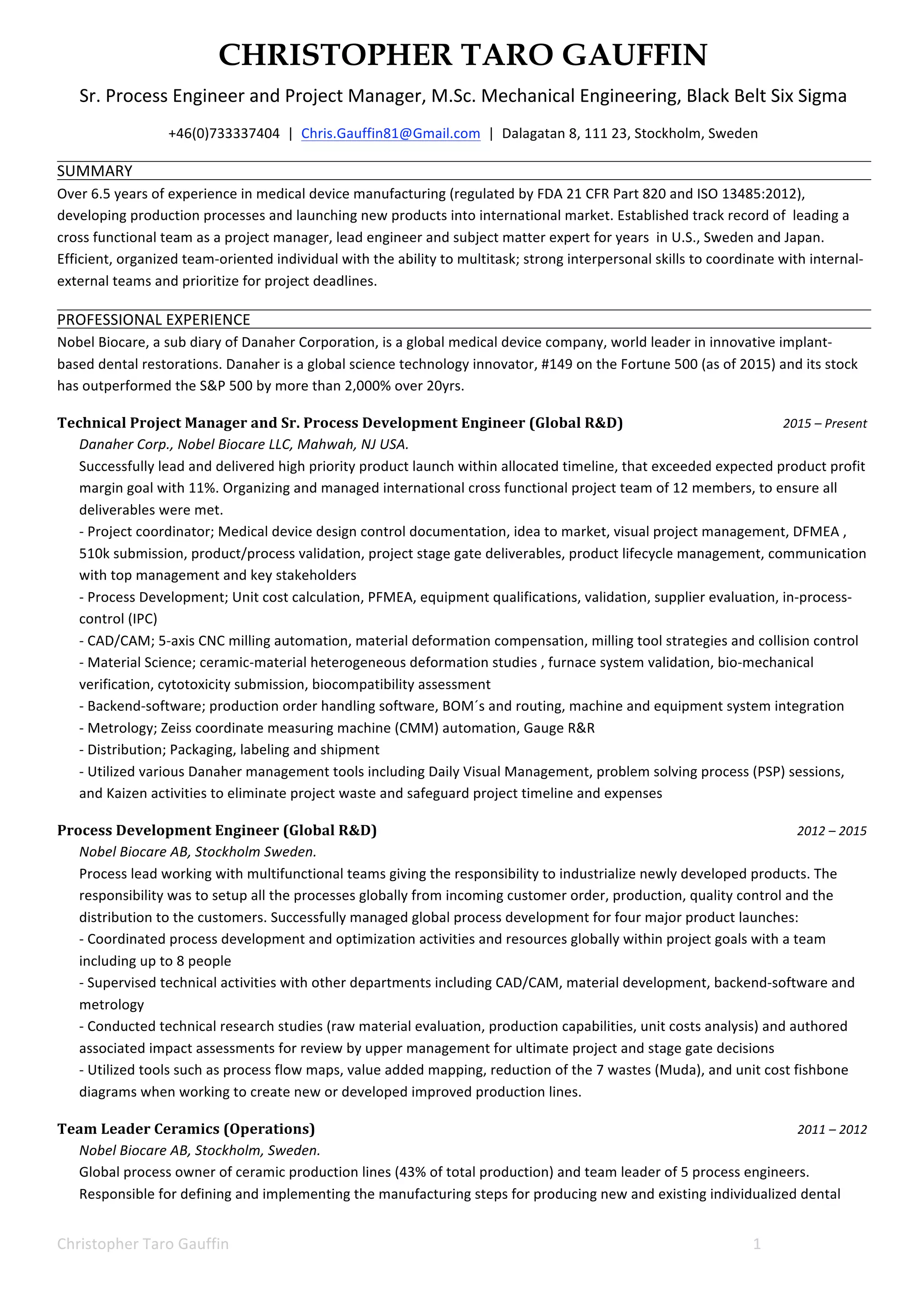 CV - Christopher Taro Gauffin - Aug 2016 SWE2 | PDF