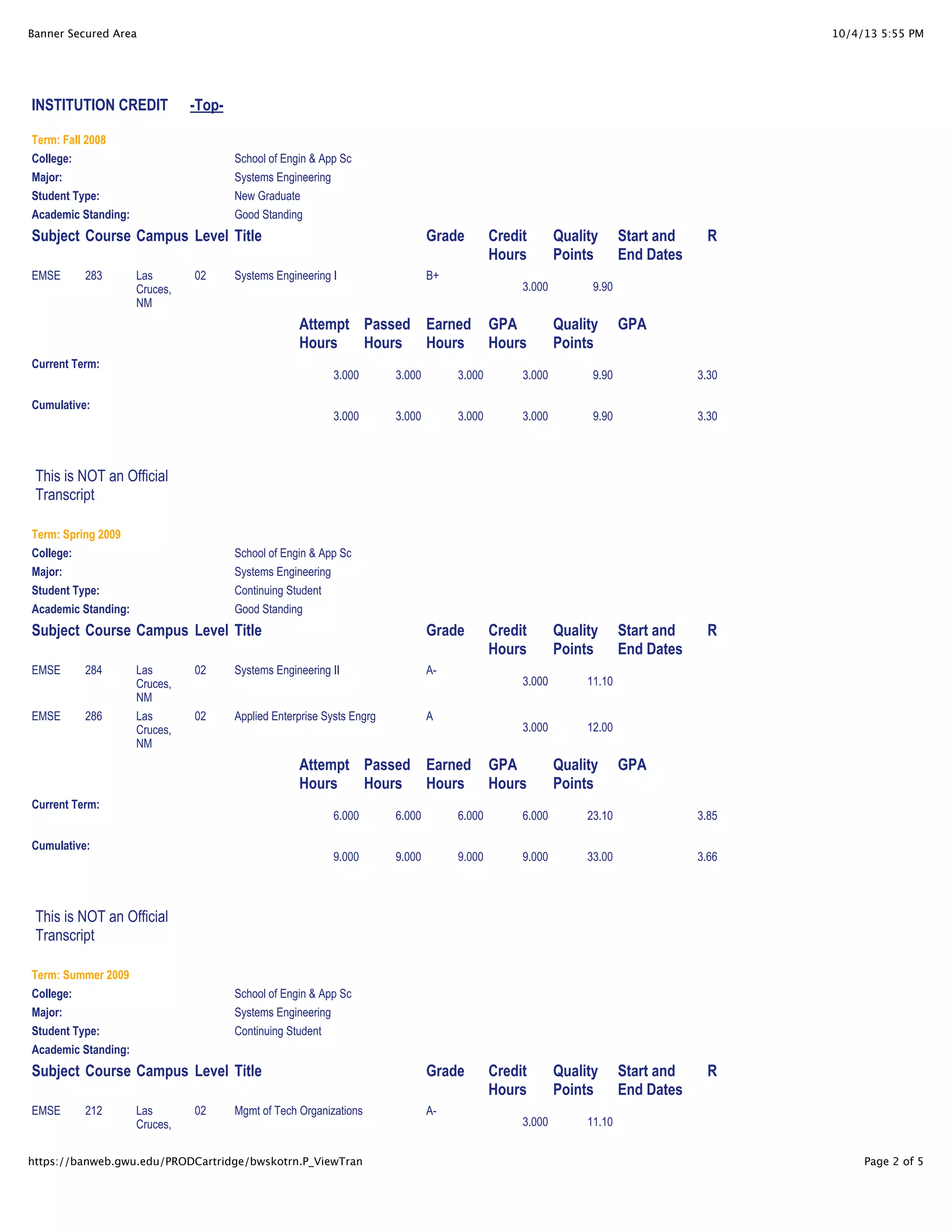 GWU_UNOFFICIAL_TRANSCRIPT | PDF | Undergraduate Education | College Education