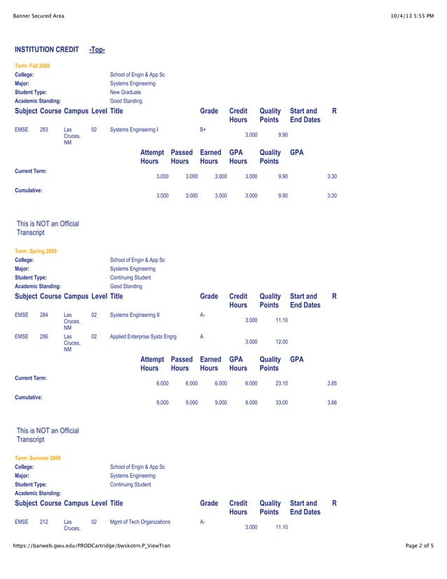 GWU_UNOFFICIAL_TRANSCRIPT | PDF | Undergraduate Education | College Education