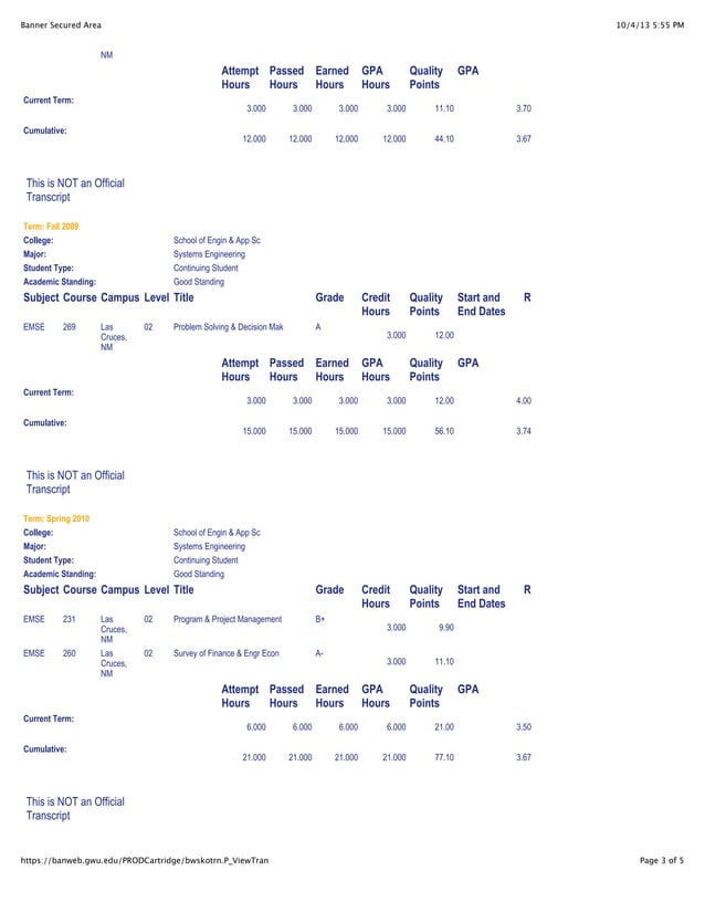 GWU_UNOFFICIAL_TRANSCRIPT | PDF | Undergraduate Education | College ...