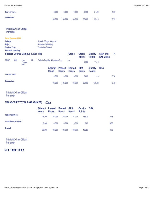 GWU_UNOFFICIAL_TRANSCRIPT | PDF | Undergraduate Education | College Education