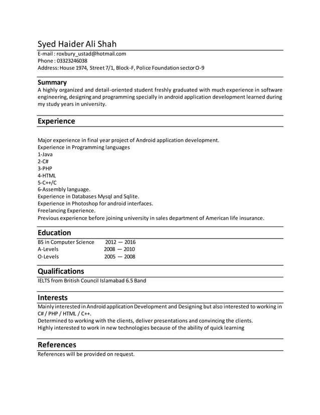 Syed Haider Ali Shah CV | PDF