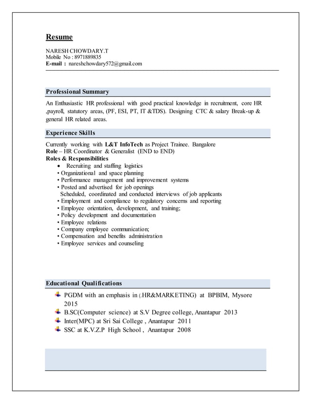 Naresh Hr Resume - L&T | DOCX | Human Resources | Business