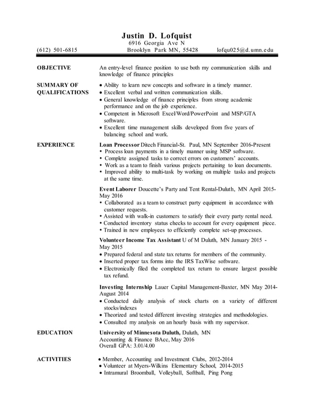 Justin D. Lofquist's Resume | PDF