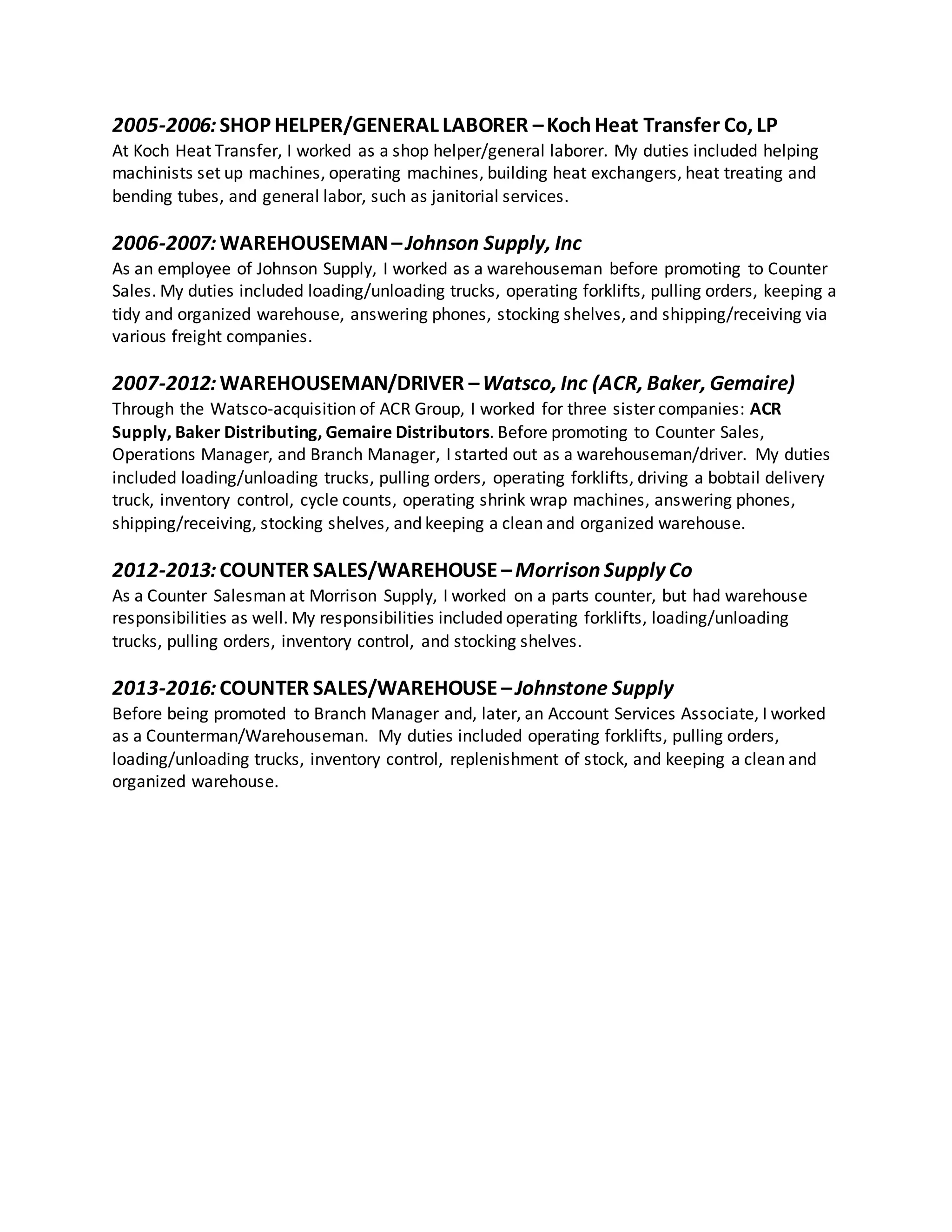 WAREHOUSE RESUME | DOCX