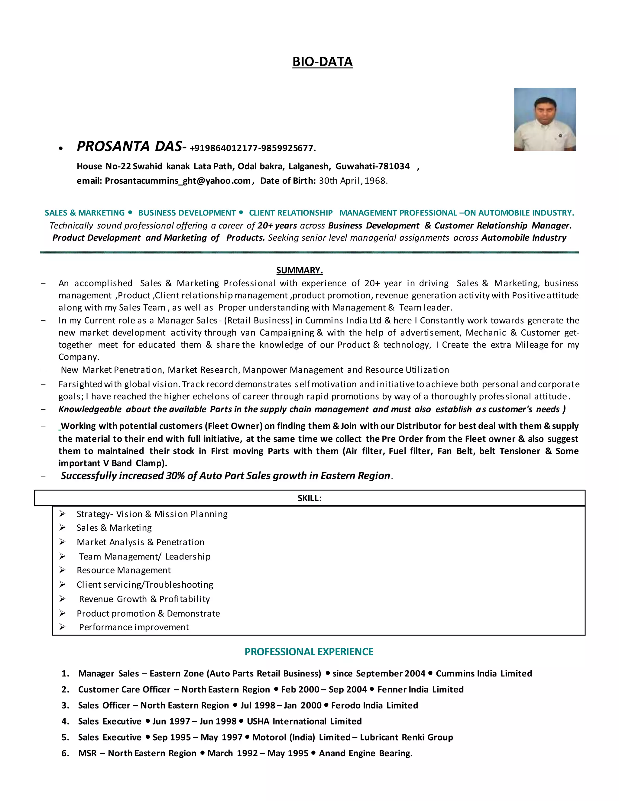 BIO DATA OF P. DAS. May-2015 docx | DOCX | Sales | Business