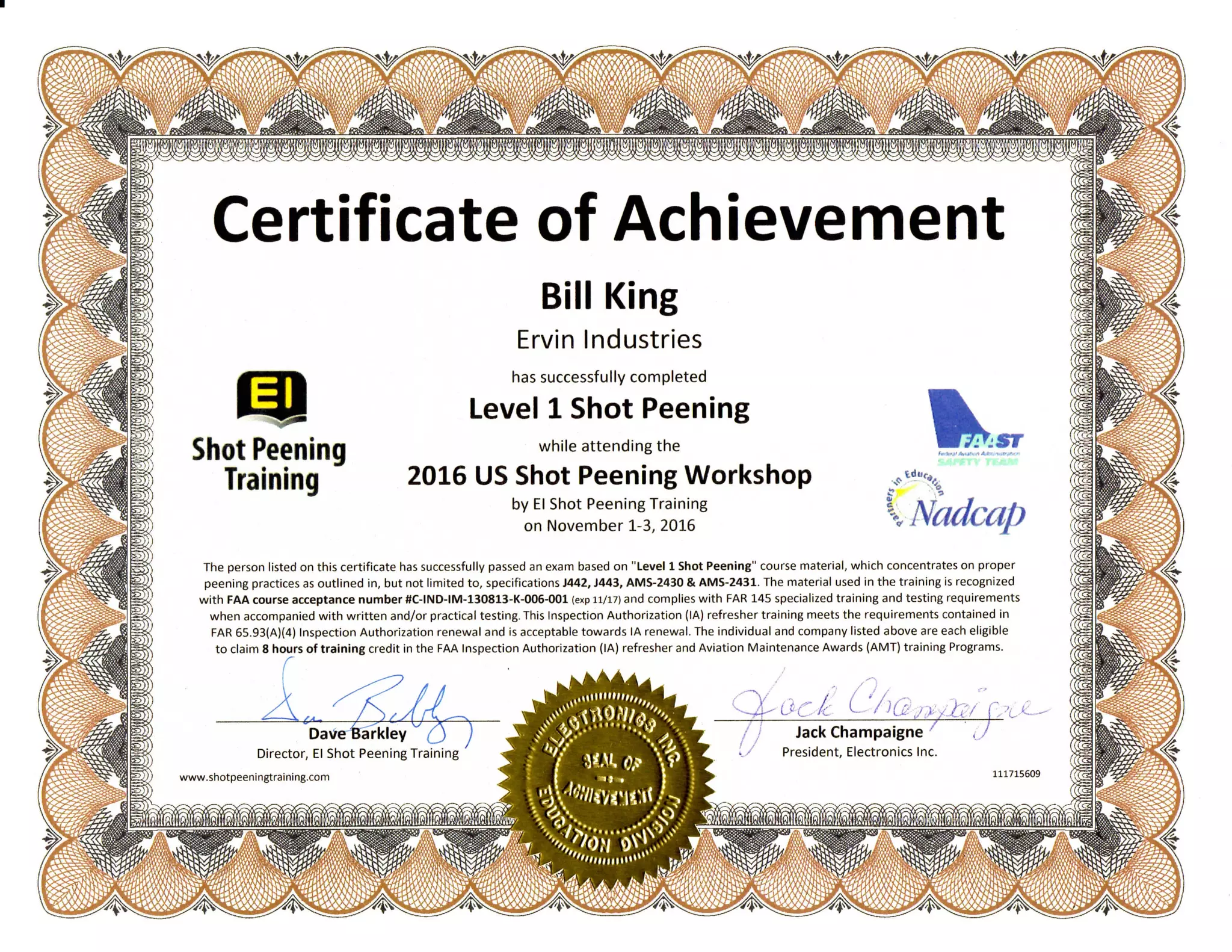Certificate of Achievement EI Level 1 Shot Peening | PDF