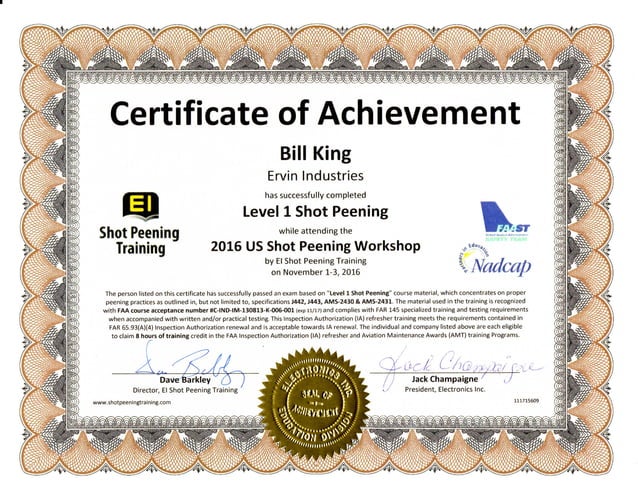 Certificate of Achievement EI Level 1 Shot Peening | PDF