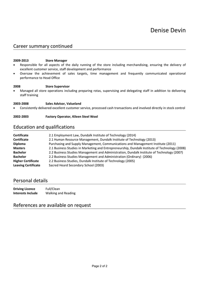 Denise Devin CV | DOC | Business Administration | Business