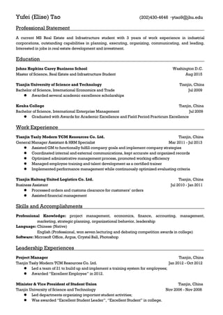 Resume-Yufei Tao | PDF | College Education | Education