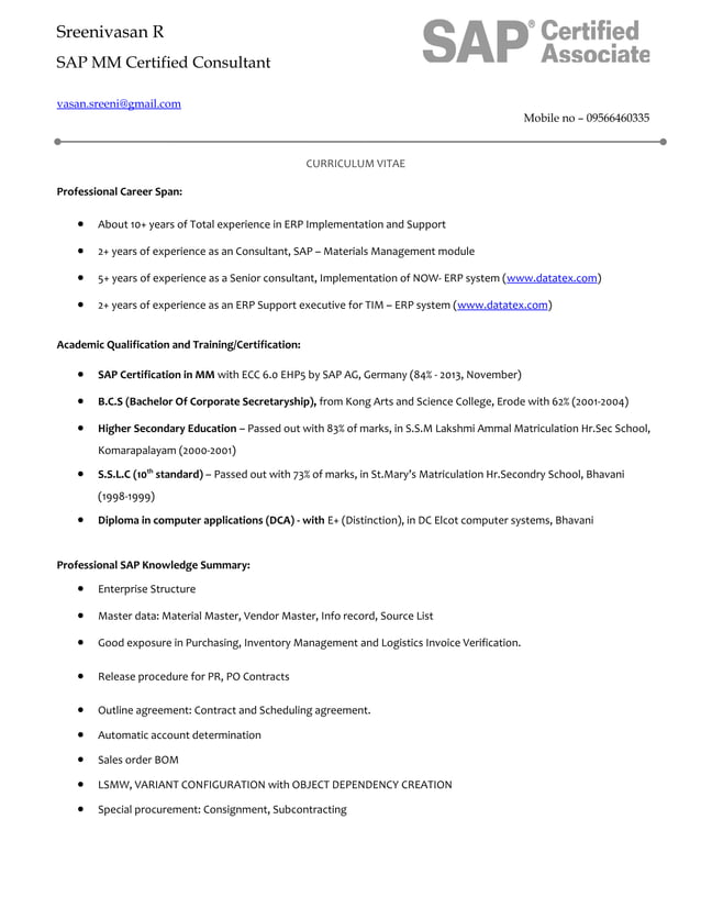 Sreenivasan_SAP_MM resume | DOC