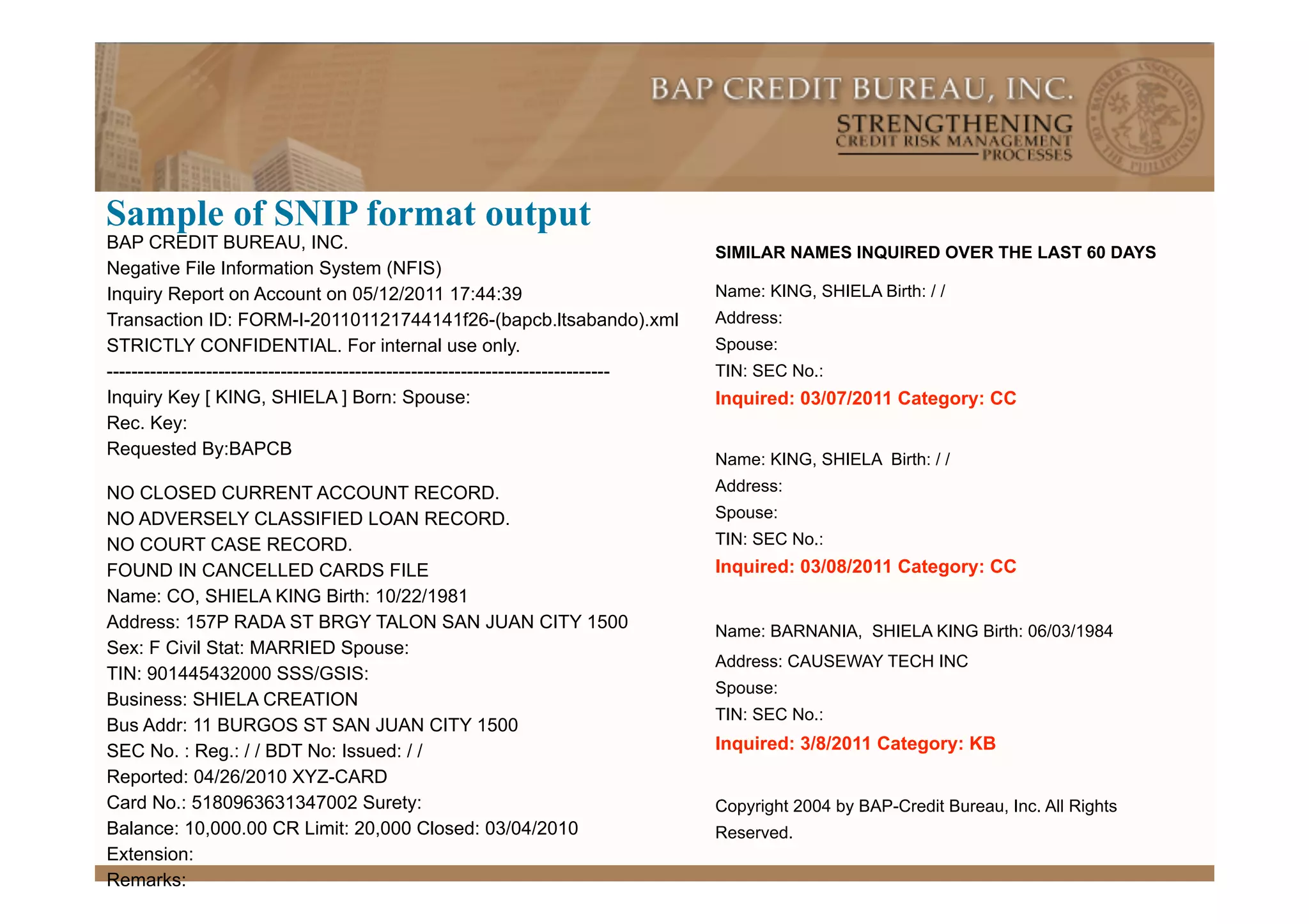 NRT 2011: Negative File Information System for Rural Banks | PDF