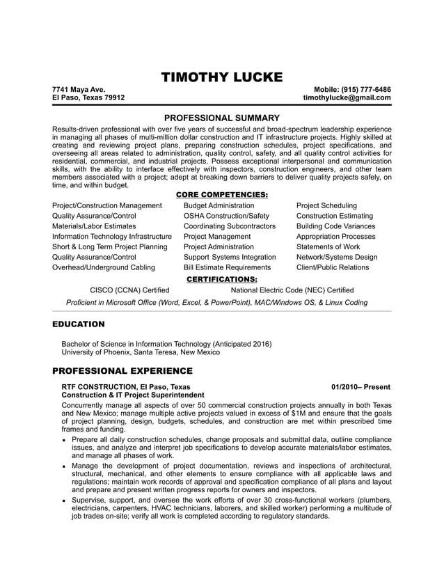 Lucke, Timothy Resume | PDF | Construction Industry | Industries