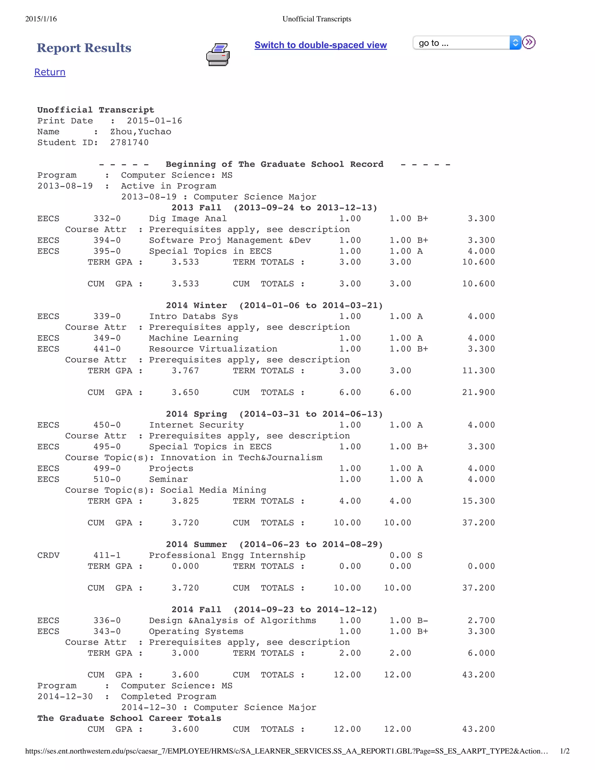 Yuchao Zhou_Transcript | PDF | Education