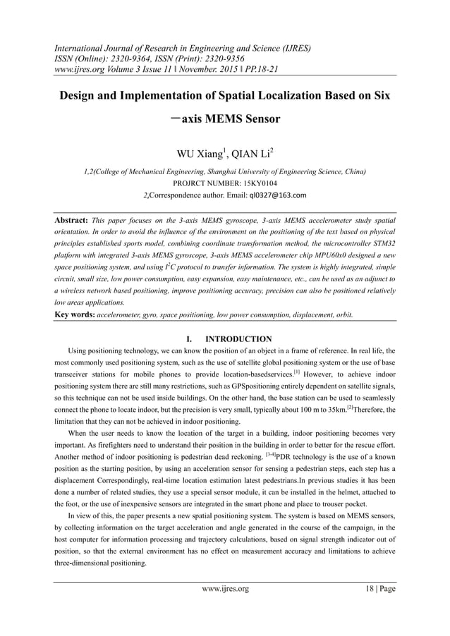 Design And Implementation Of Spatial Localization Based On Six -axis Mems Sensor Pdf