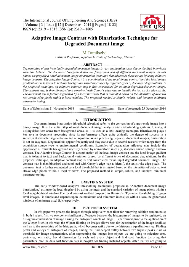 Adaptive Image Contrast with Binarization Technique for Degraded Document Image | PDF
