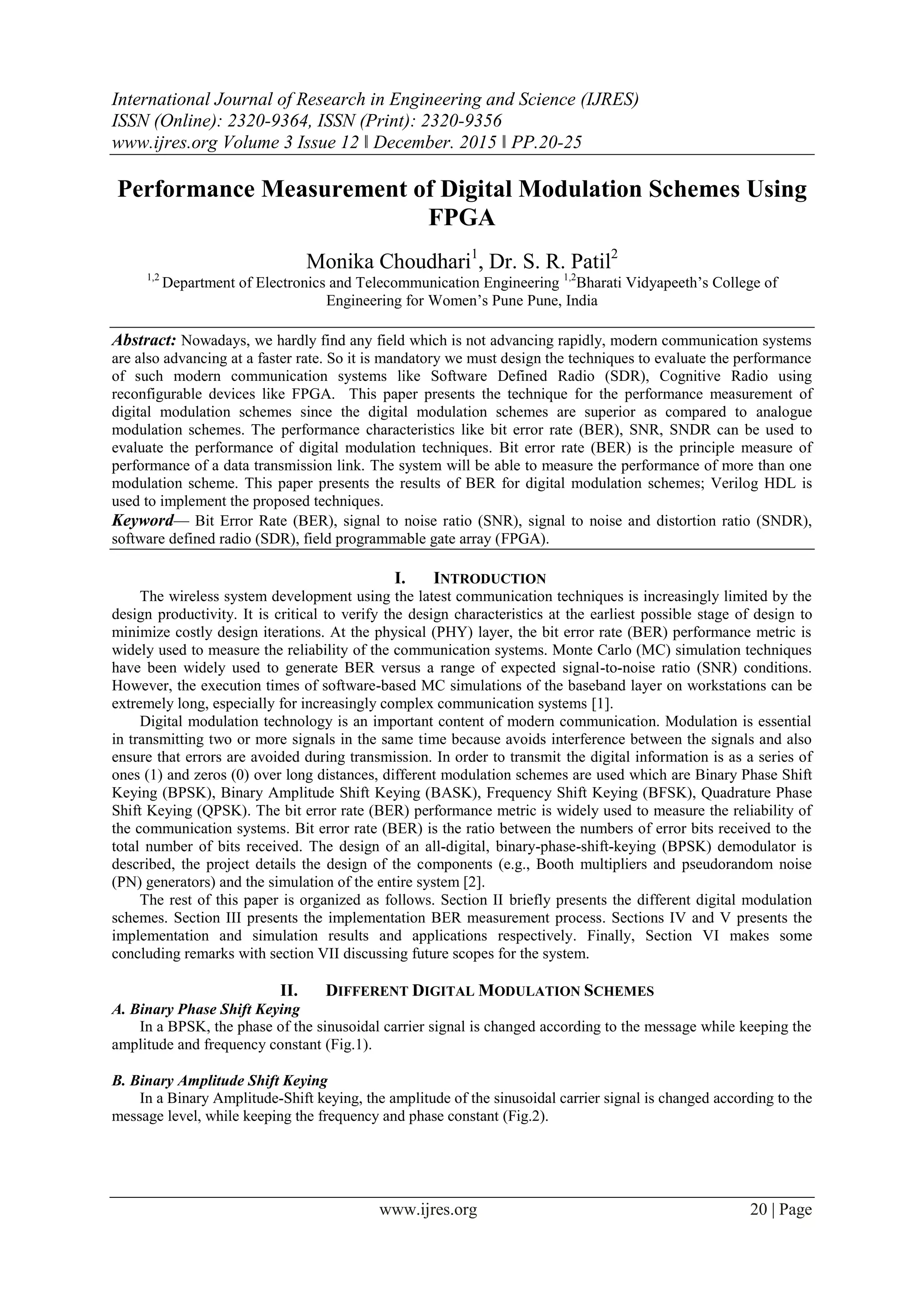 Performance Measurement Of Digital Modulation Schemes Using Fpga Pdf