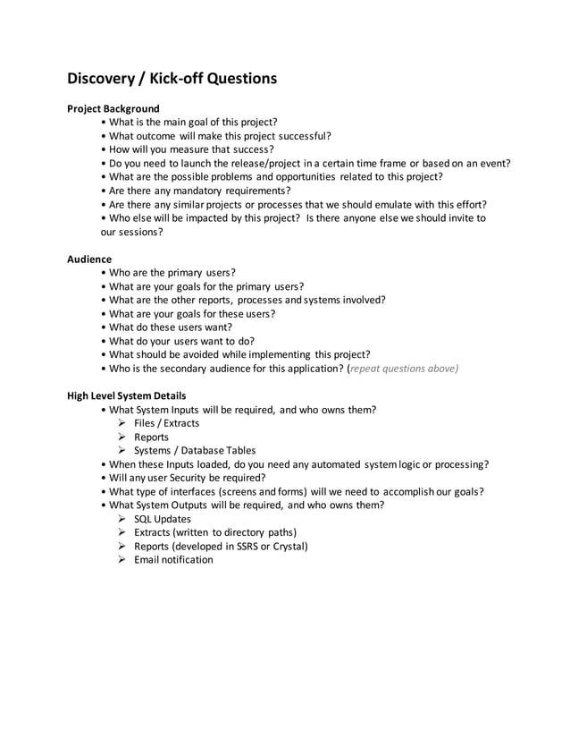 Reference - Andrew's Discovery Question (Checklist or outline) | PDF ...