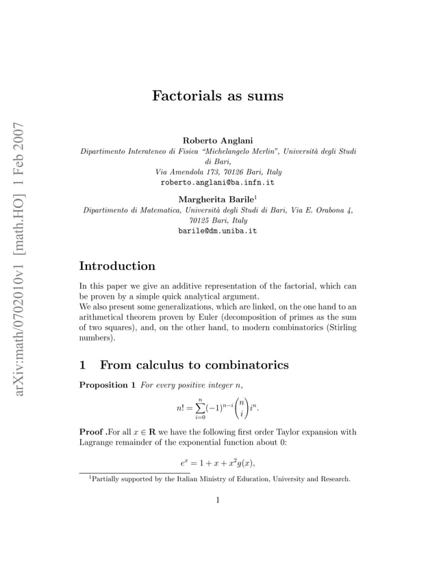 Factorials as sums | PDF