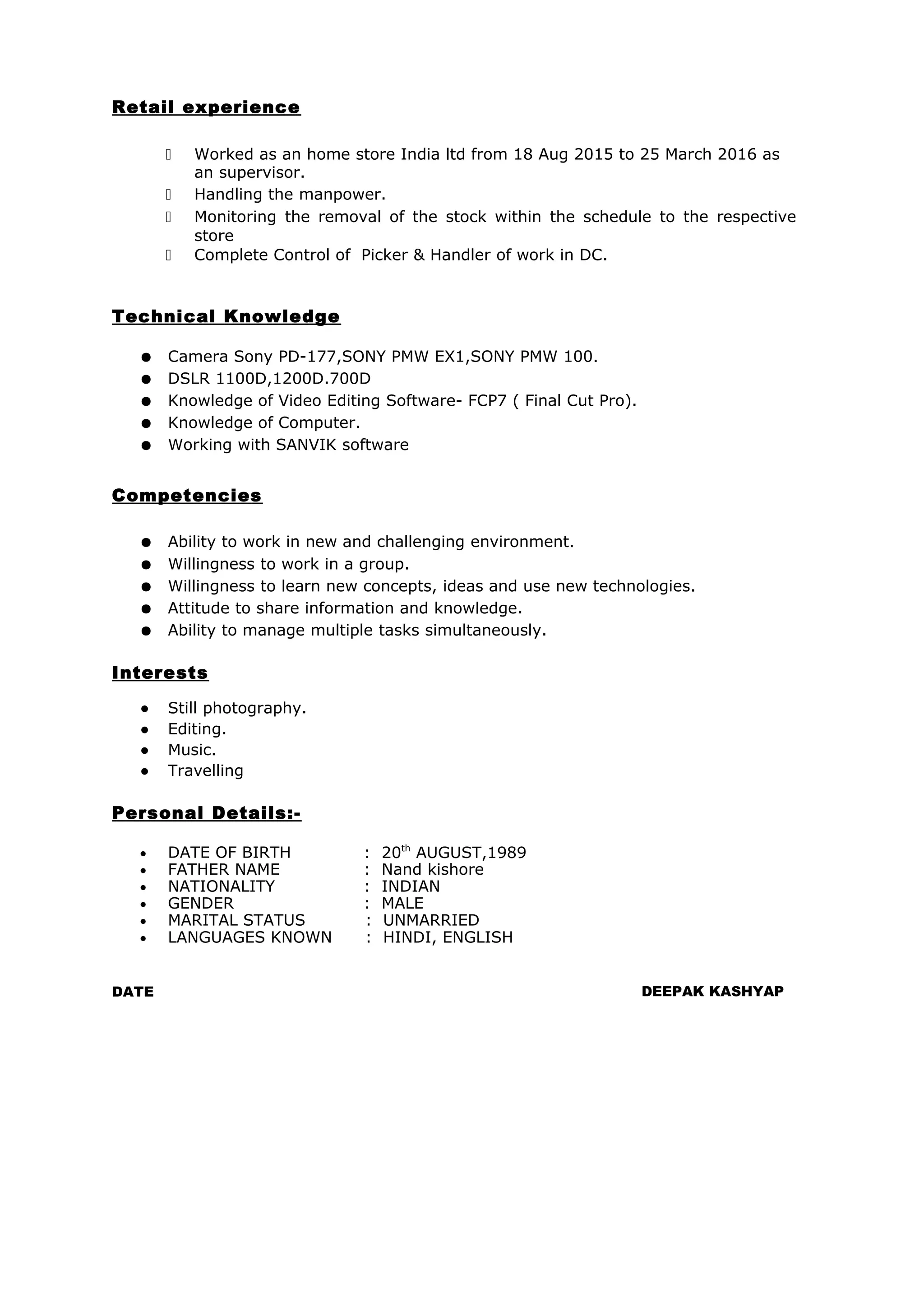 CV deepak 2016 (1) | DOC | Cameras and Camcorders | Consumer Electronics