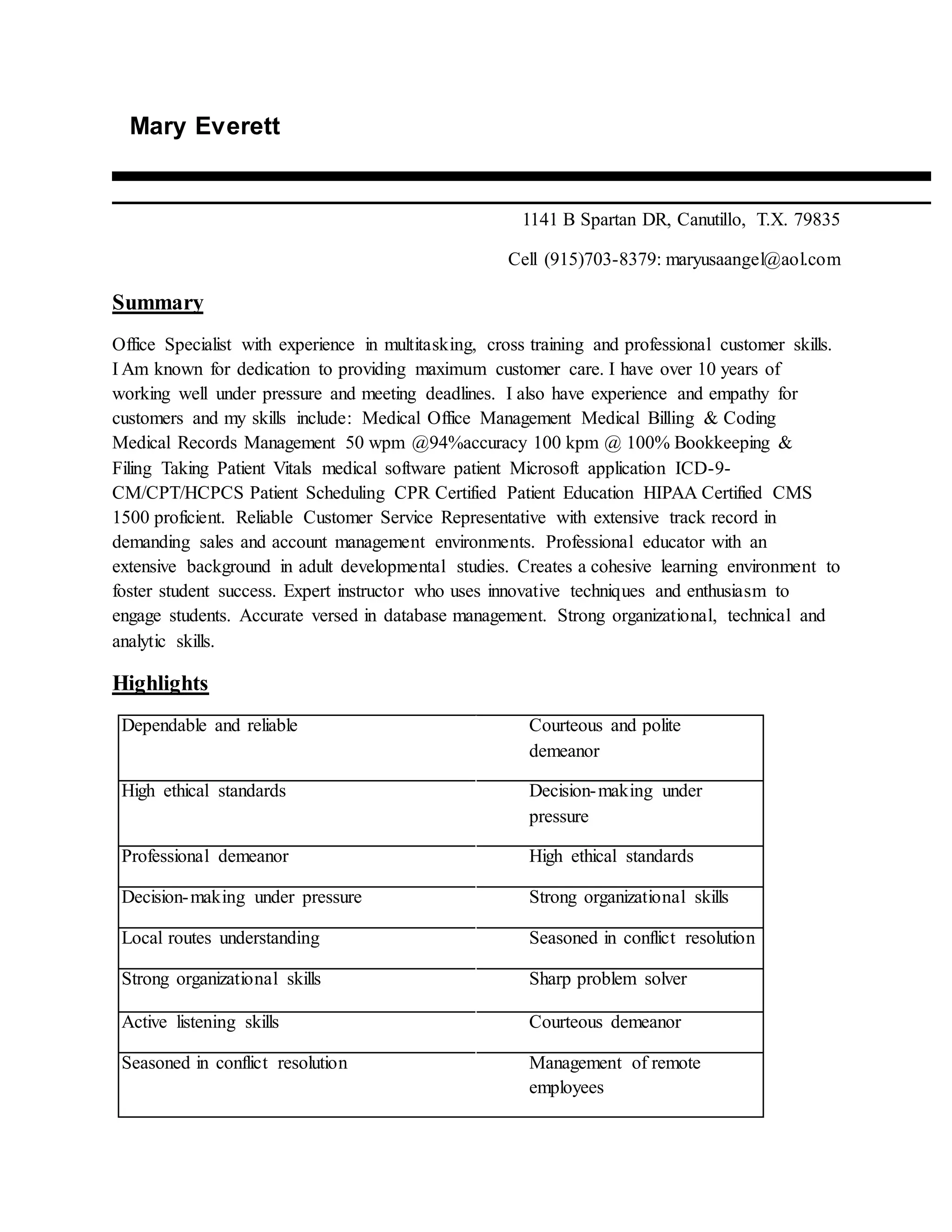 Resume of Mary | PDF