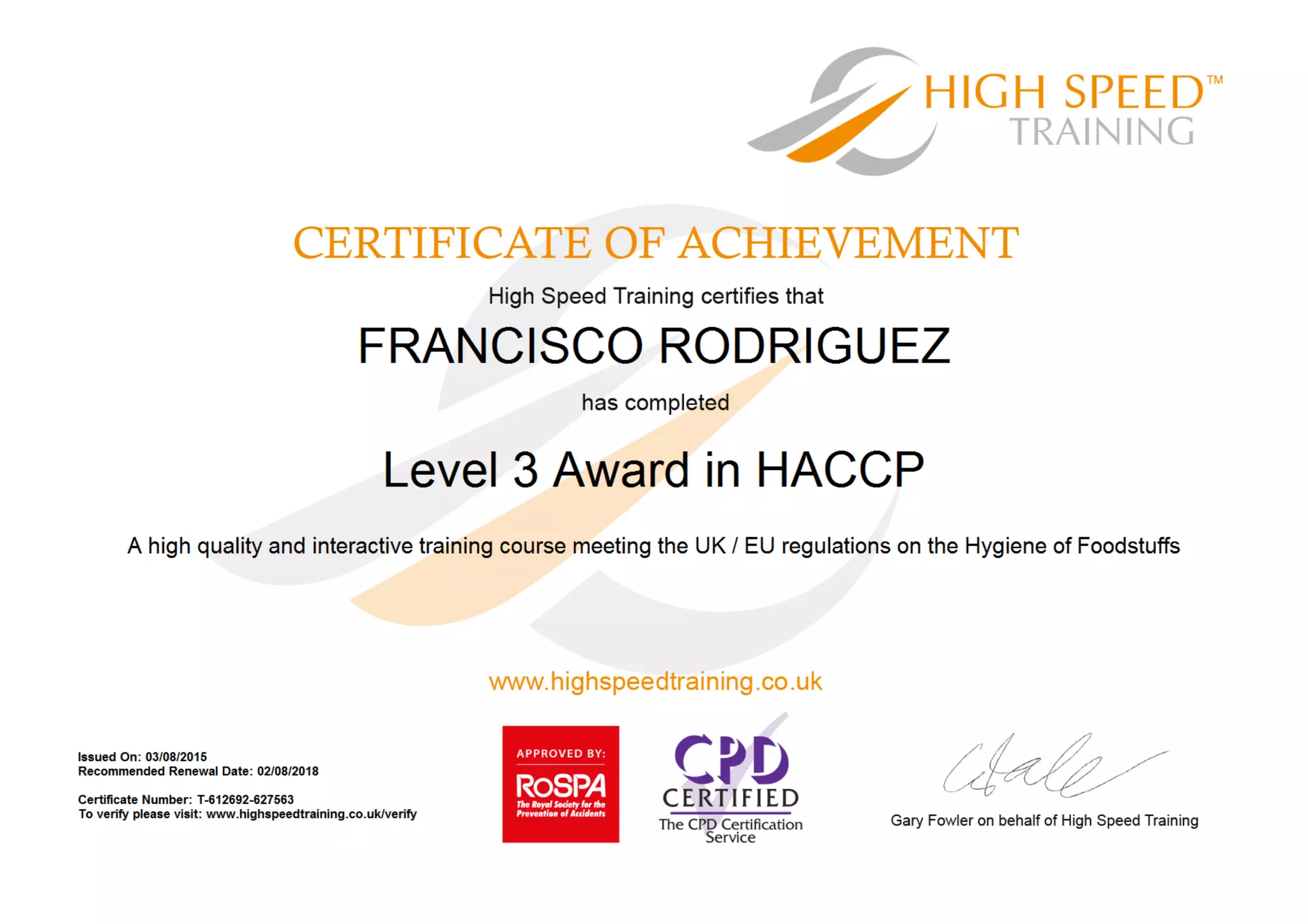 FLT HACCP LEVEL 3 Certificate | PDF