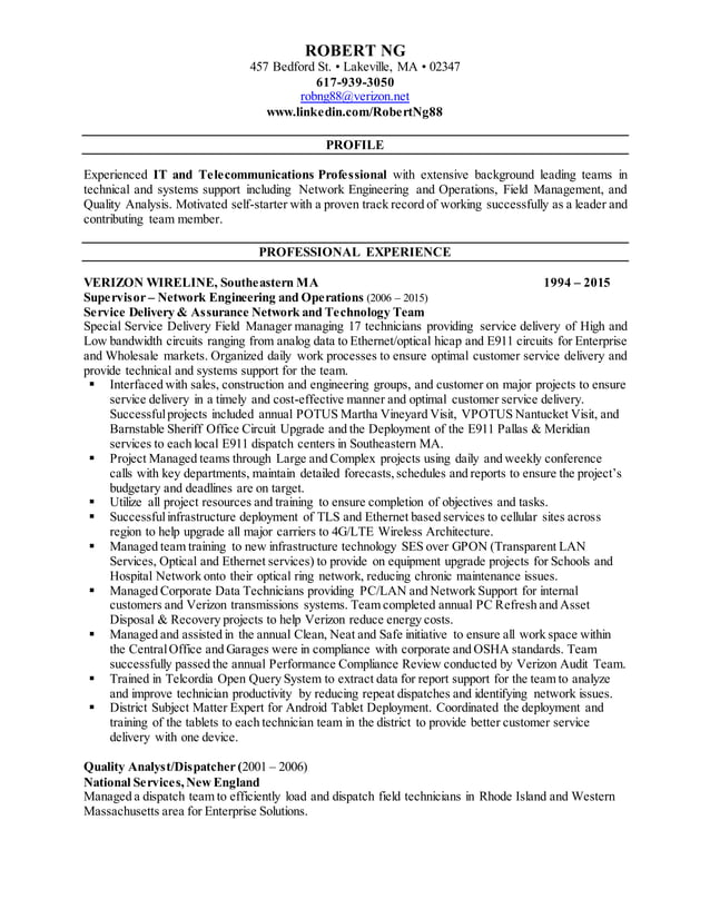 Robert Ng Resume 2016 | DOCX | Telecommunications Industry | Industries