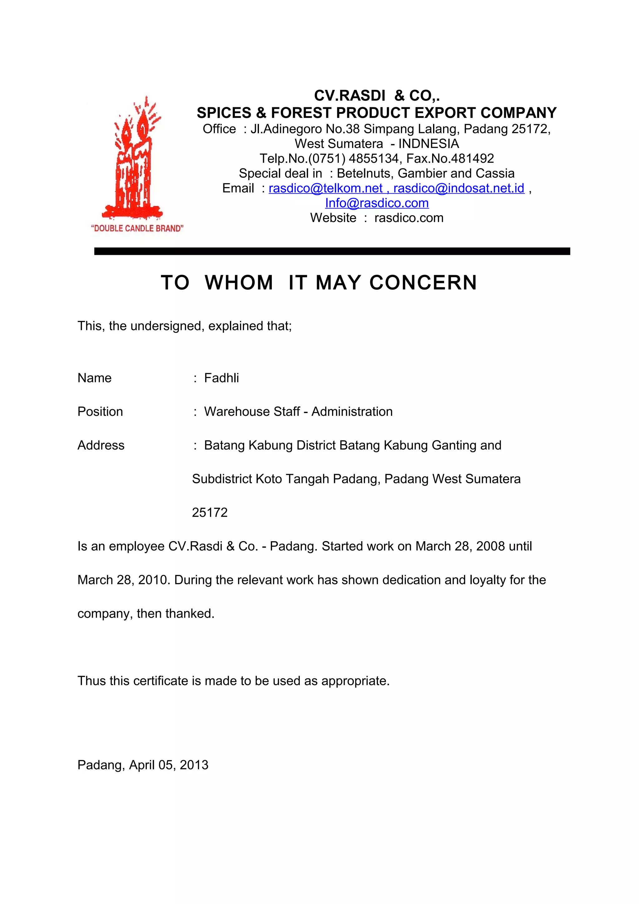 certificate of employment Fadhli | DOC