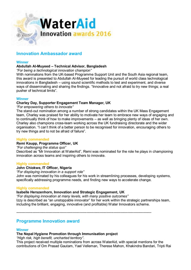 Innovation Awards Winners And Highly Commended Pdf