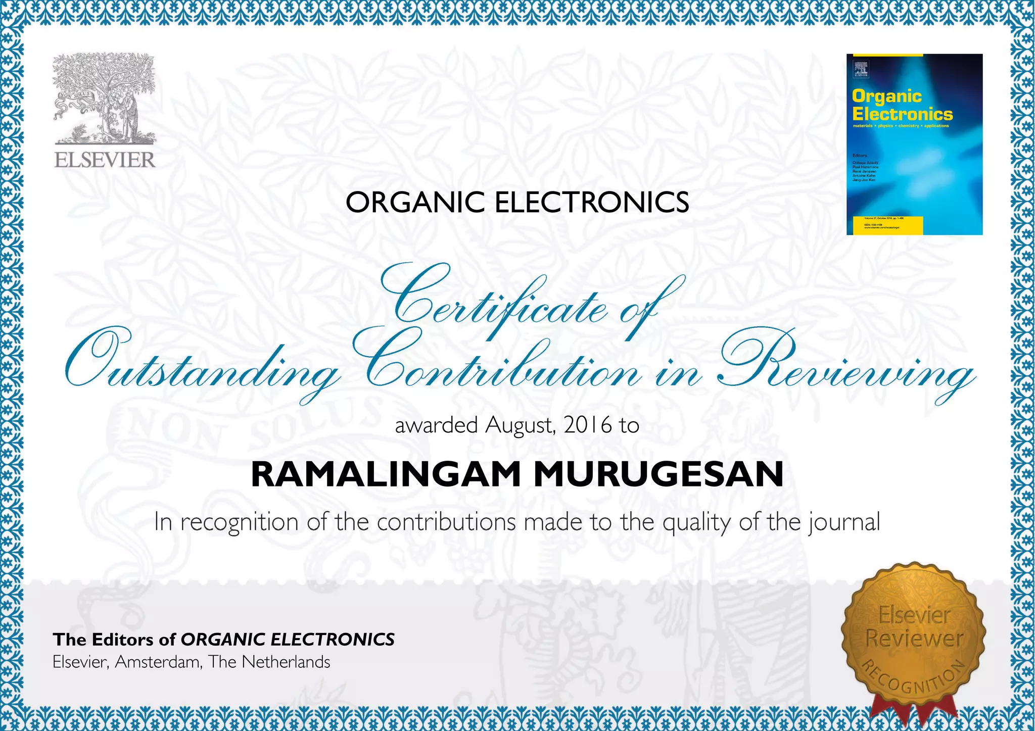 Elsevier 'Certificate of Outstanding Contribution in Reviewing', August ...