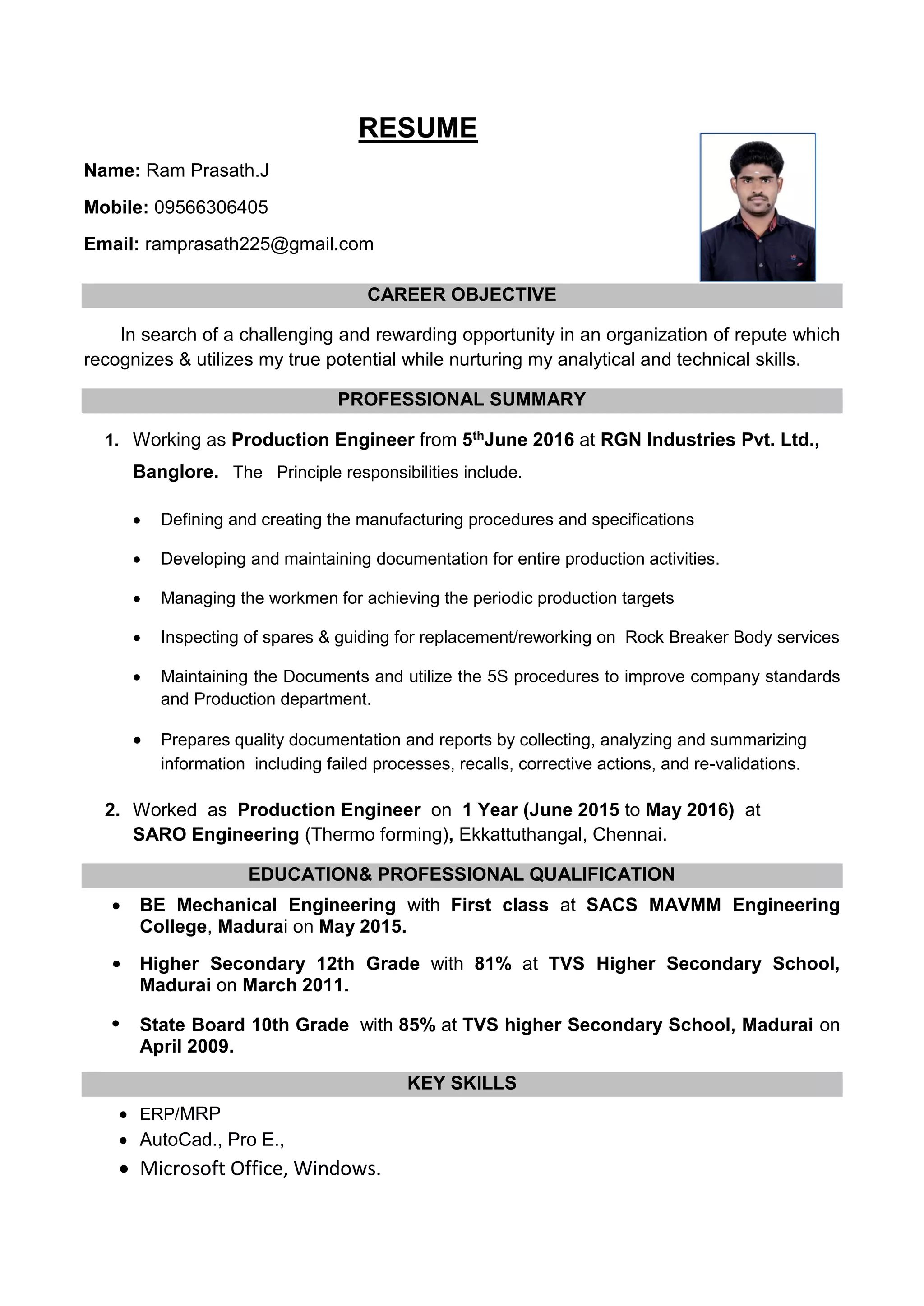 Ram Prasath. Resume.1 | PDF | Mechanical and Industrial Engineering ...