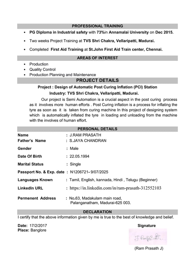 Ram Prasath. Resume.1 | PDF | Mechanical and Industrial Engineering Industry | Industries