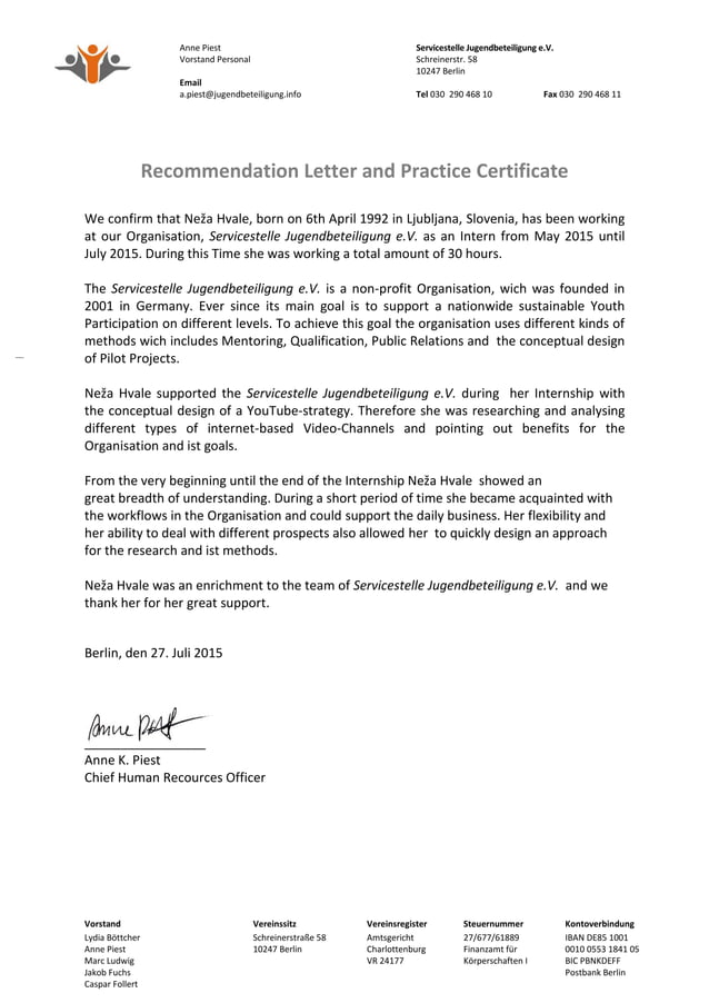 Neža Hvale, SJB, Practice confirmation&recommendation letter, 2015 | PDF