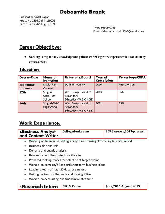 Debasmita Basak CV for JOB Profiles | PDF