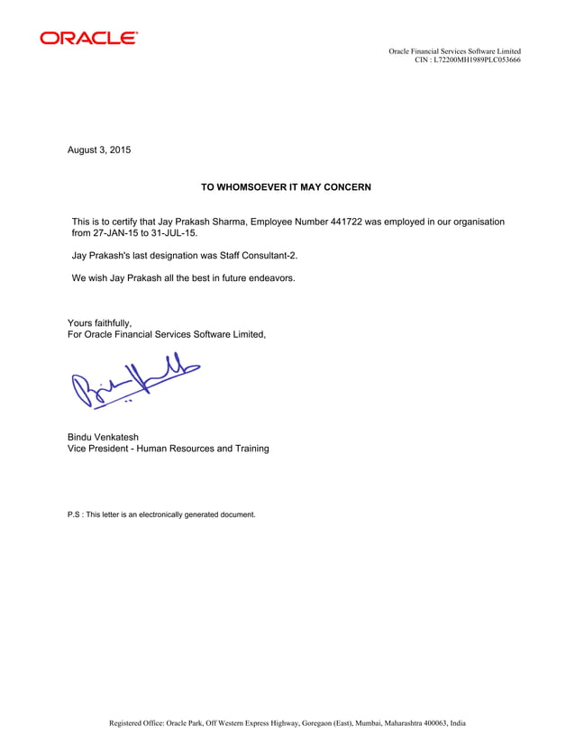Oracle Experience Letter | PDF