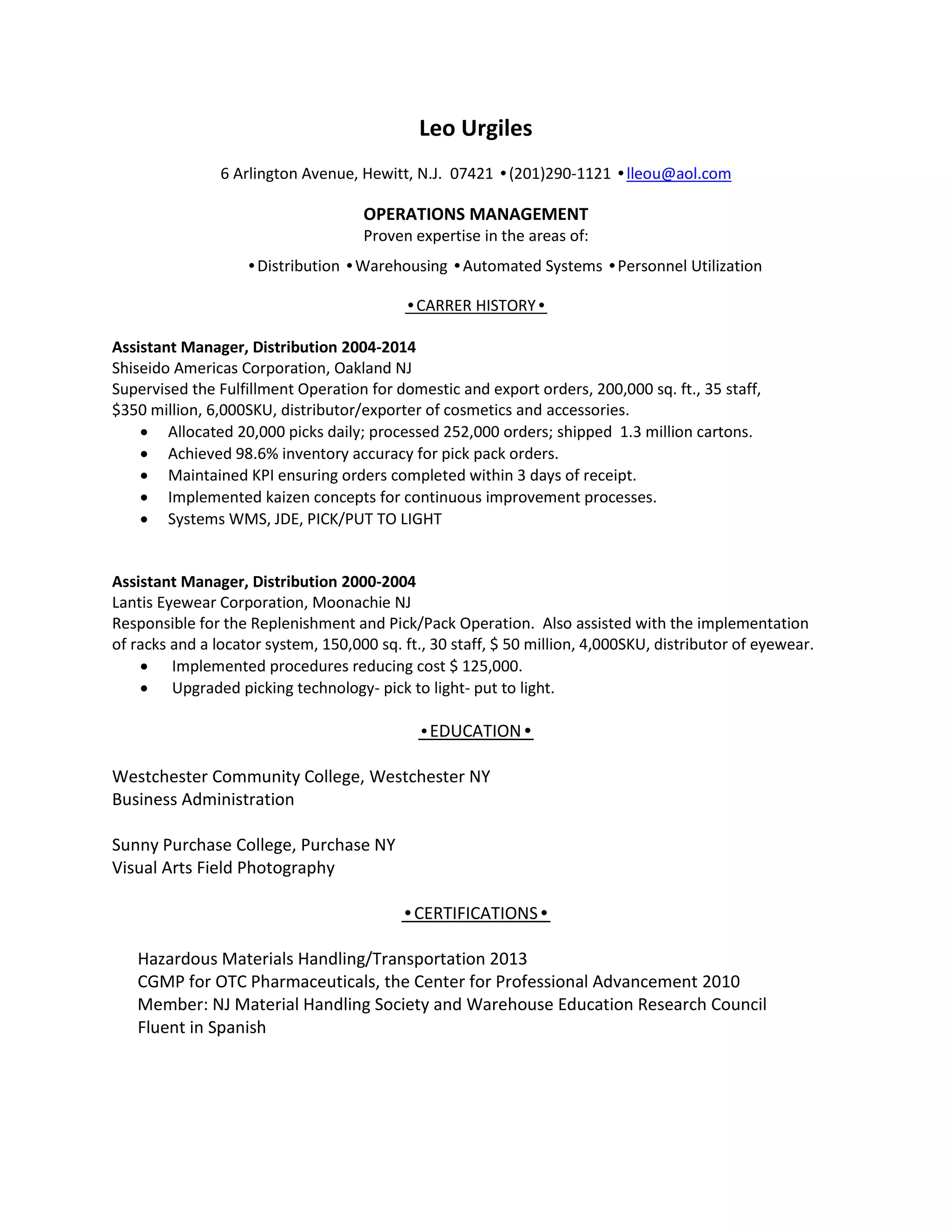 Leo Urgiles Resume | DOCX | Logistics | Business