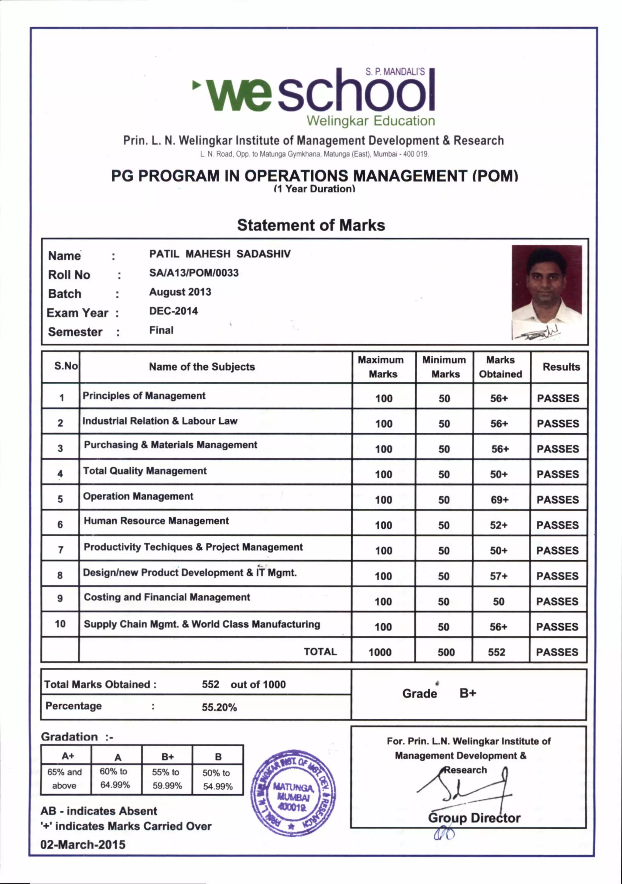 Welingkar - marksheet | PDF