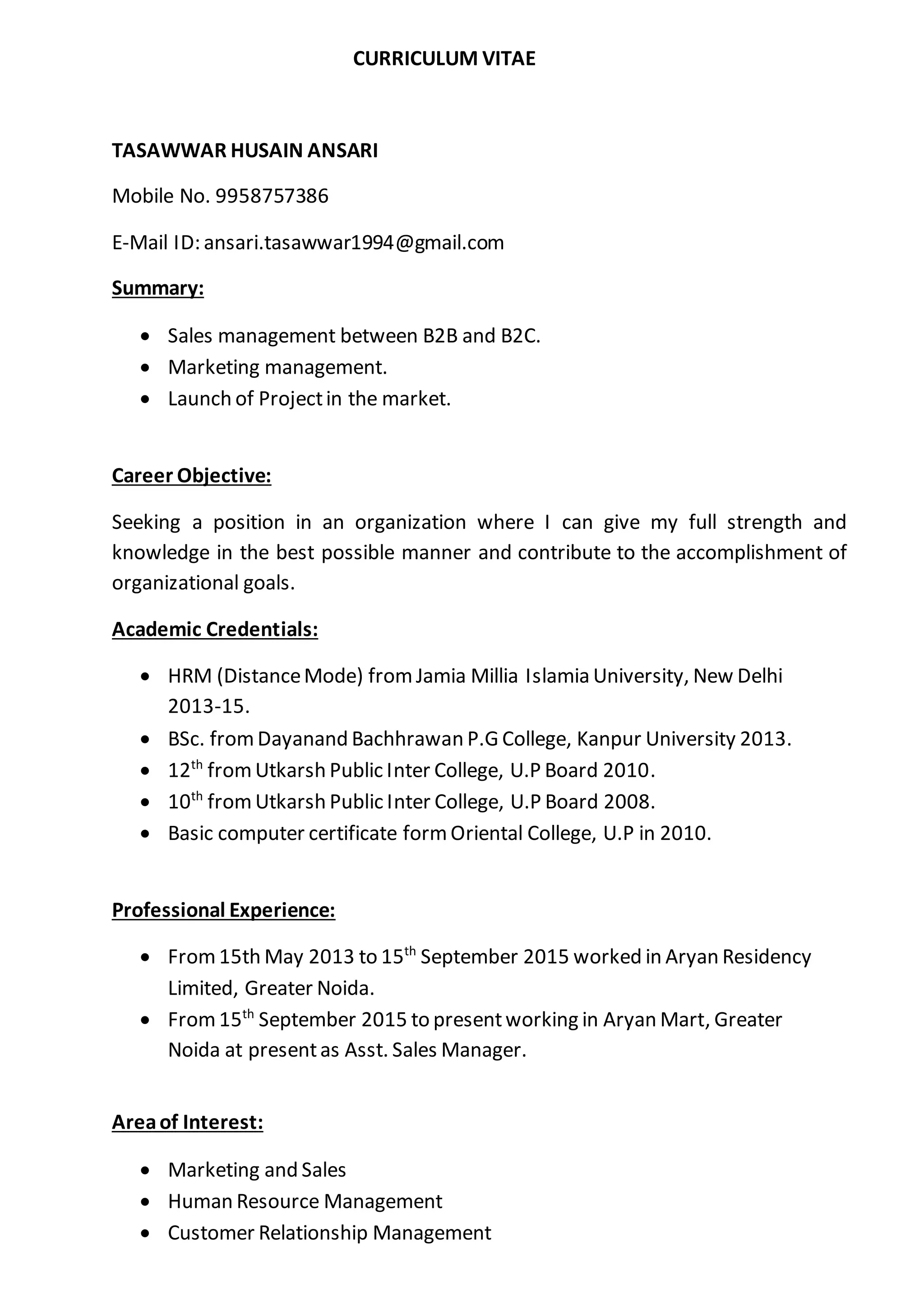 CURRICULUM VITAE of T.H.Ansari | PDF