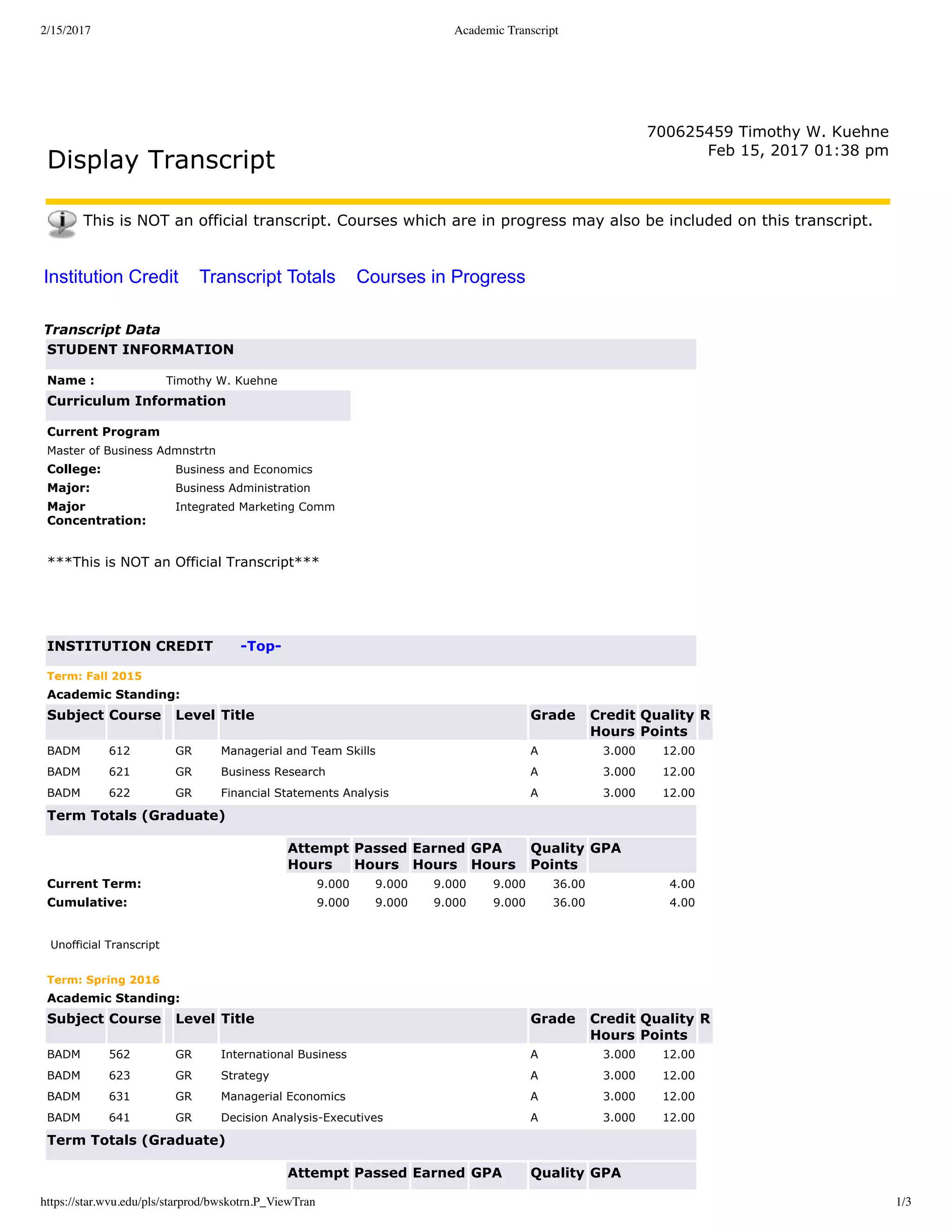 Academic Transcript | PDF