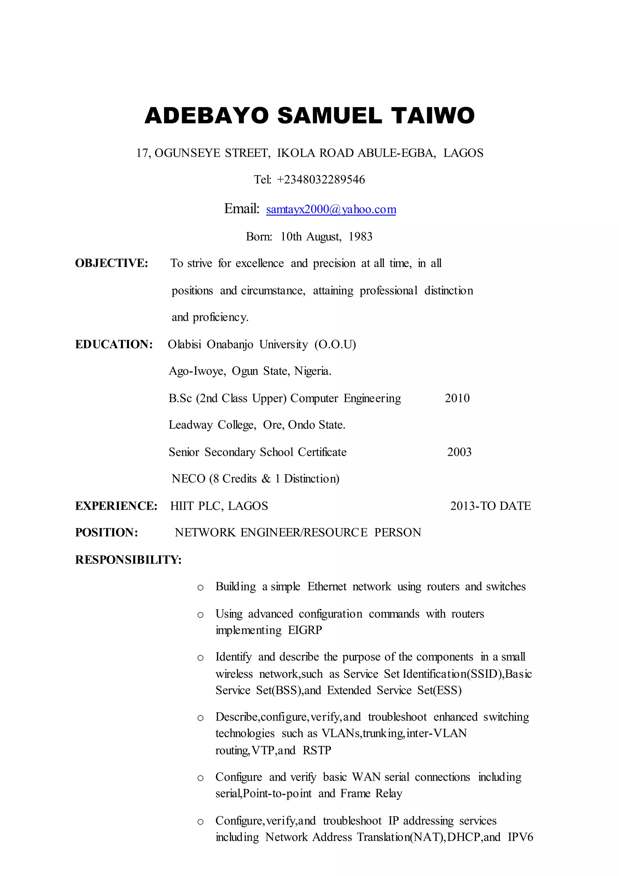 ADEBAYO SAMUEL TAIWO NEW CV | DOCX | Computer Networking | Computing
