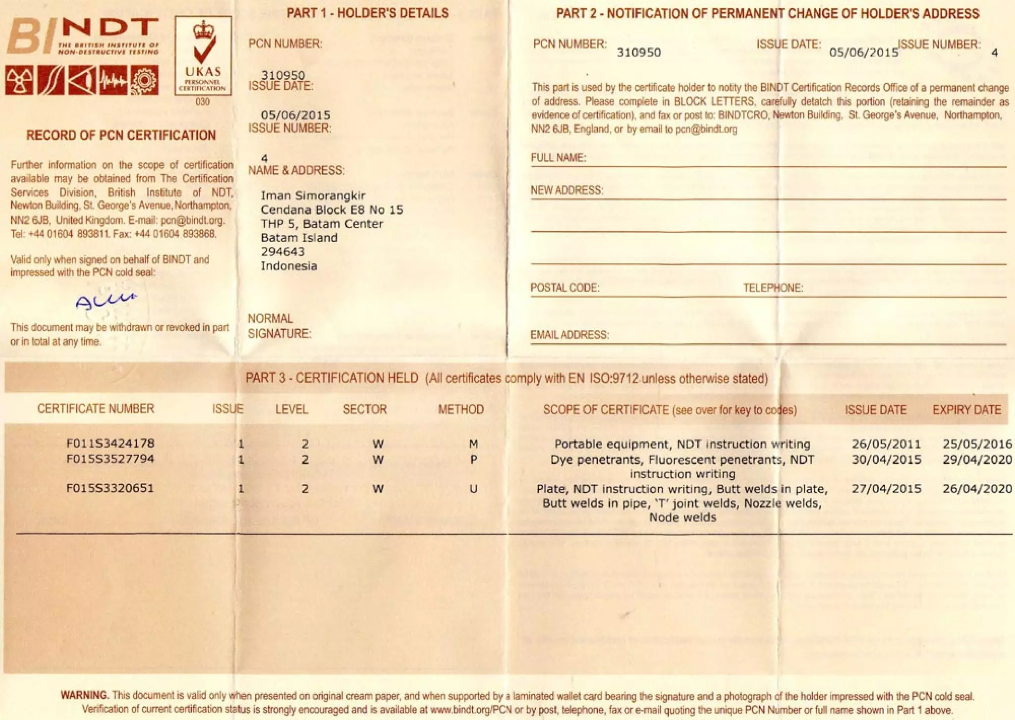 Certificate UT, MT,PT PCN | PDF