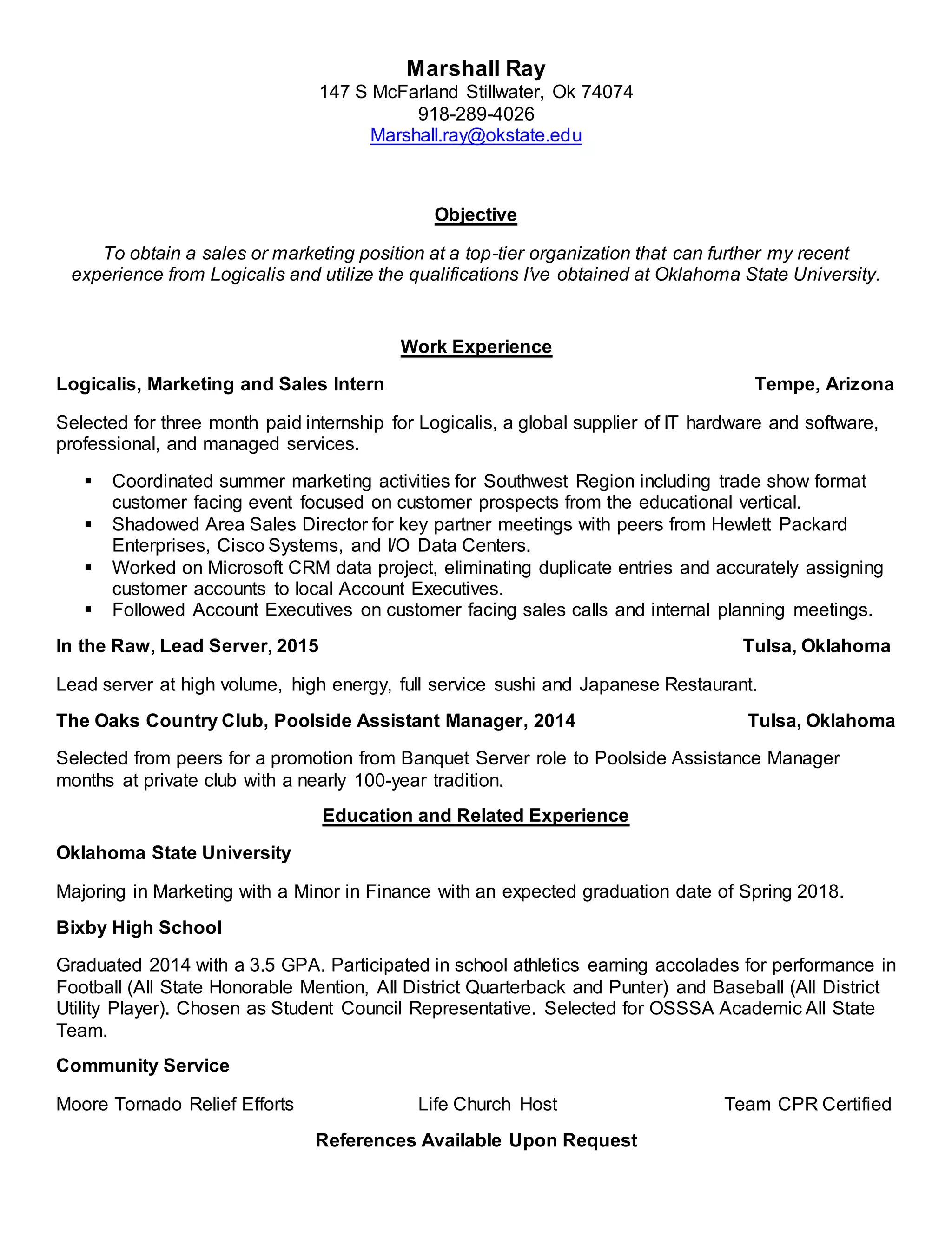 Marshall Ray Resume(2) | DOCX | Business | Business and Finance