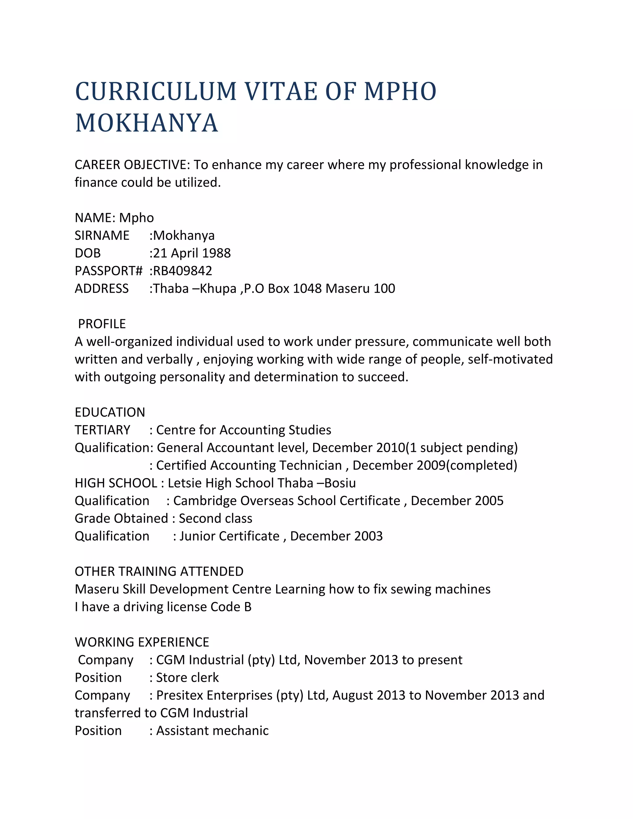 CURRICULUM VITAE OF MPHO MOKHANYA_1 | DOC