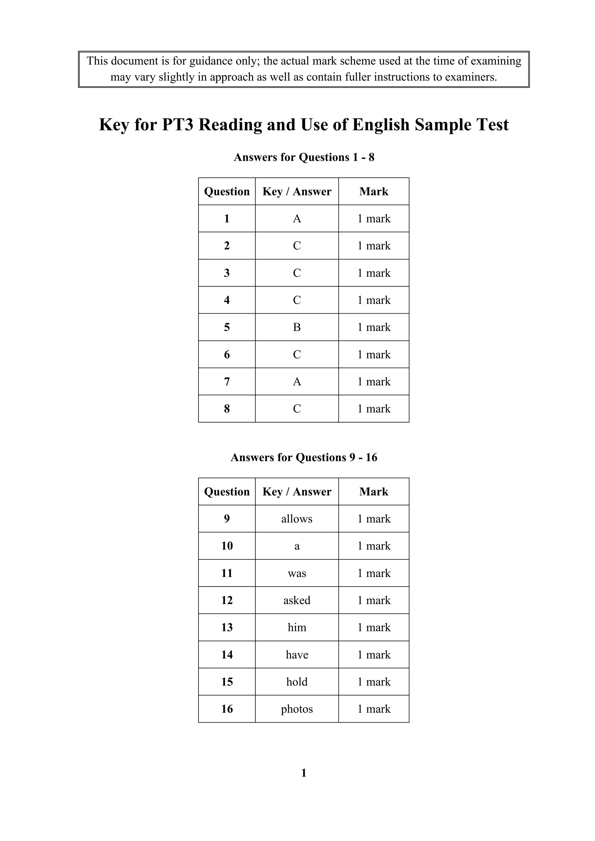 Pt3 reading sample test key | PDF