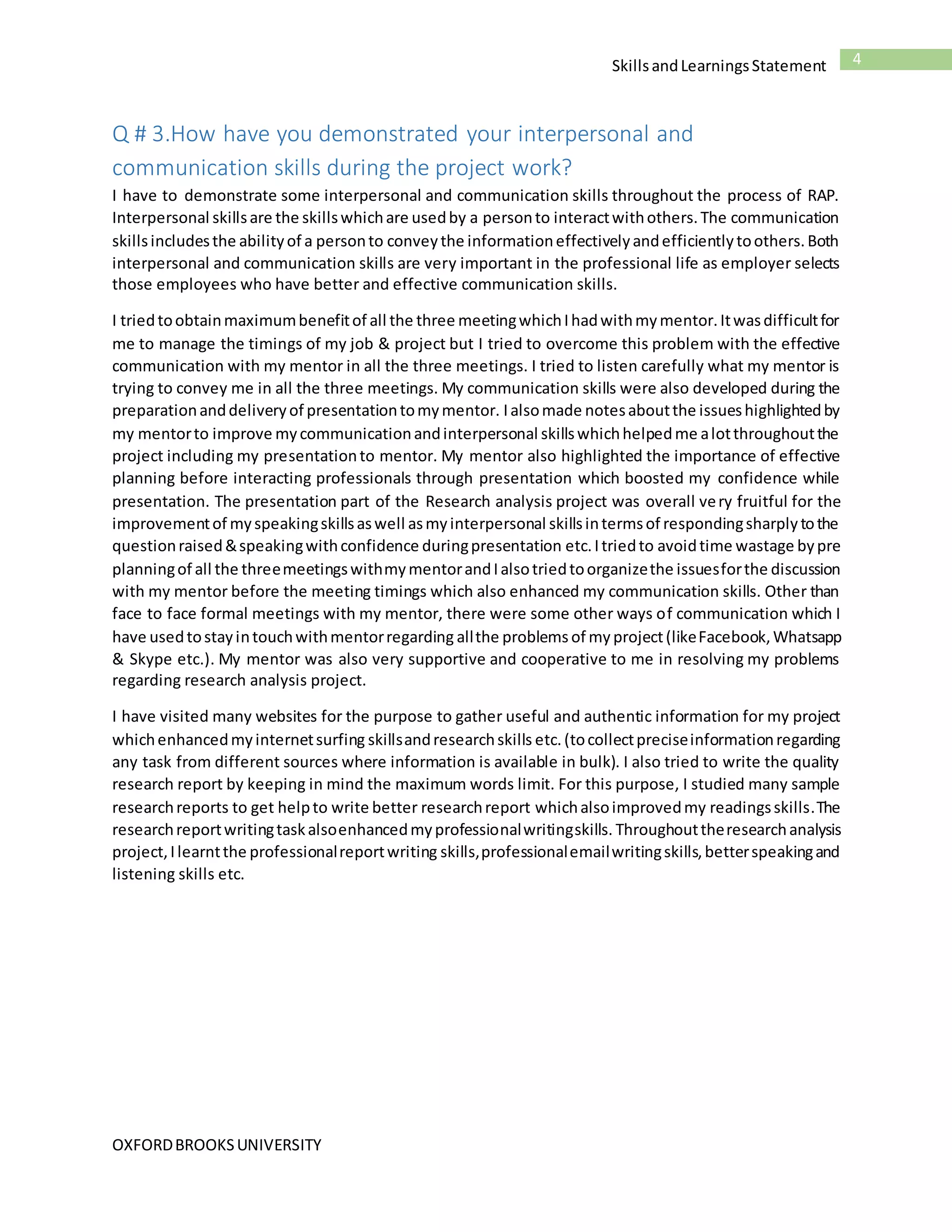 Skills and Learnings Statement | DOCX