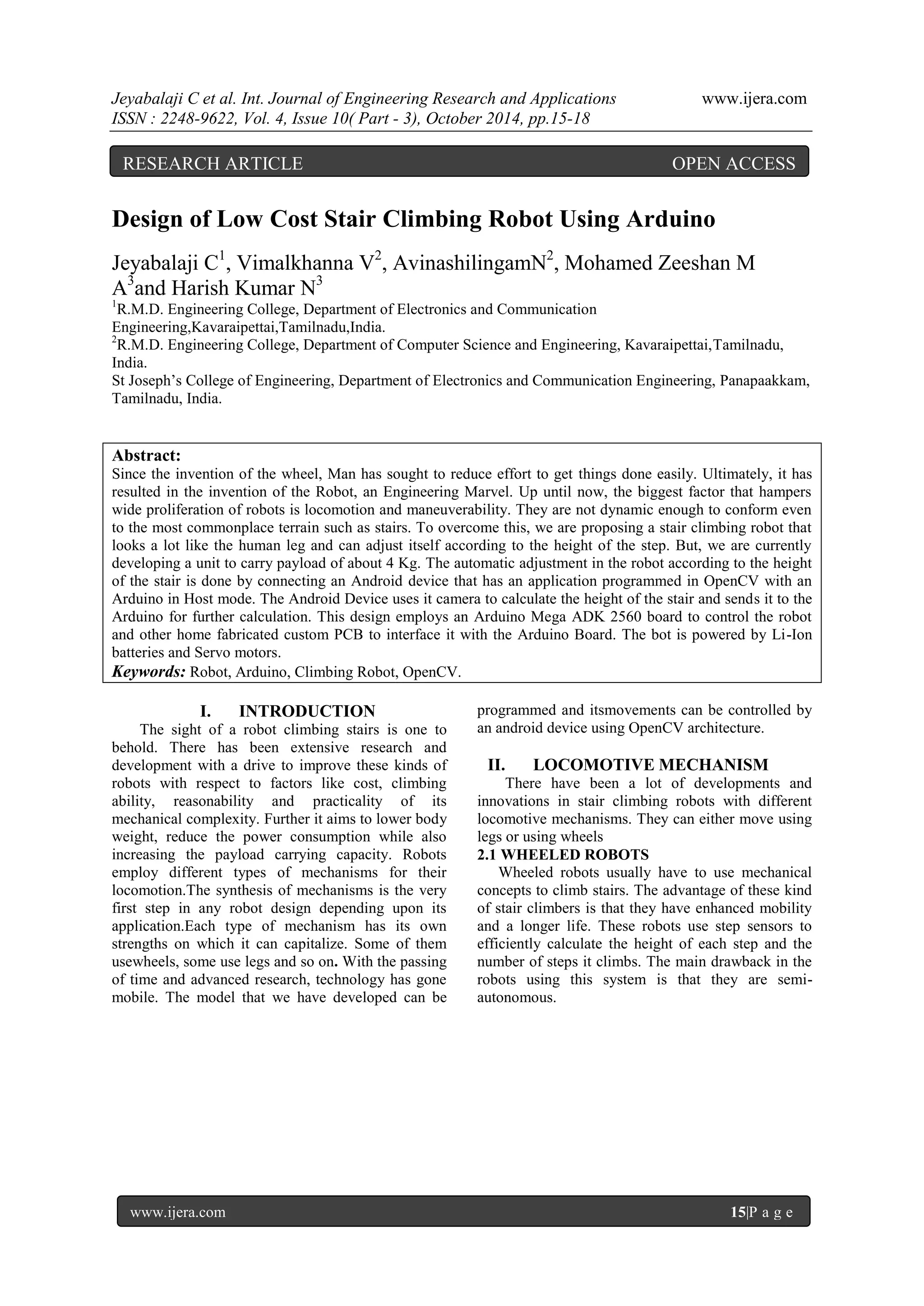 Design of Low Cost Stair Climbing Robot Using Arduino | PDF