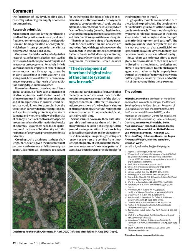 Article in Nature: Biodiversity Loss and Climate extremes: study the feedbacks | PDF