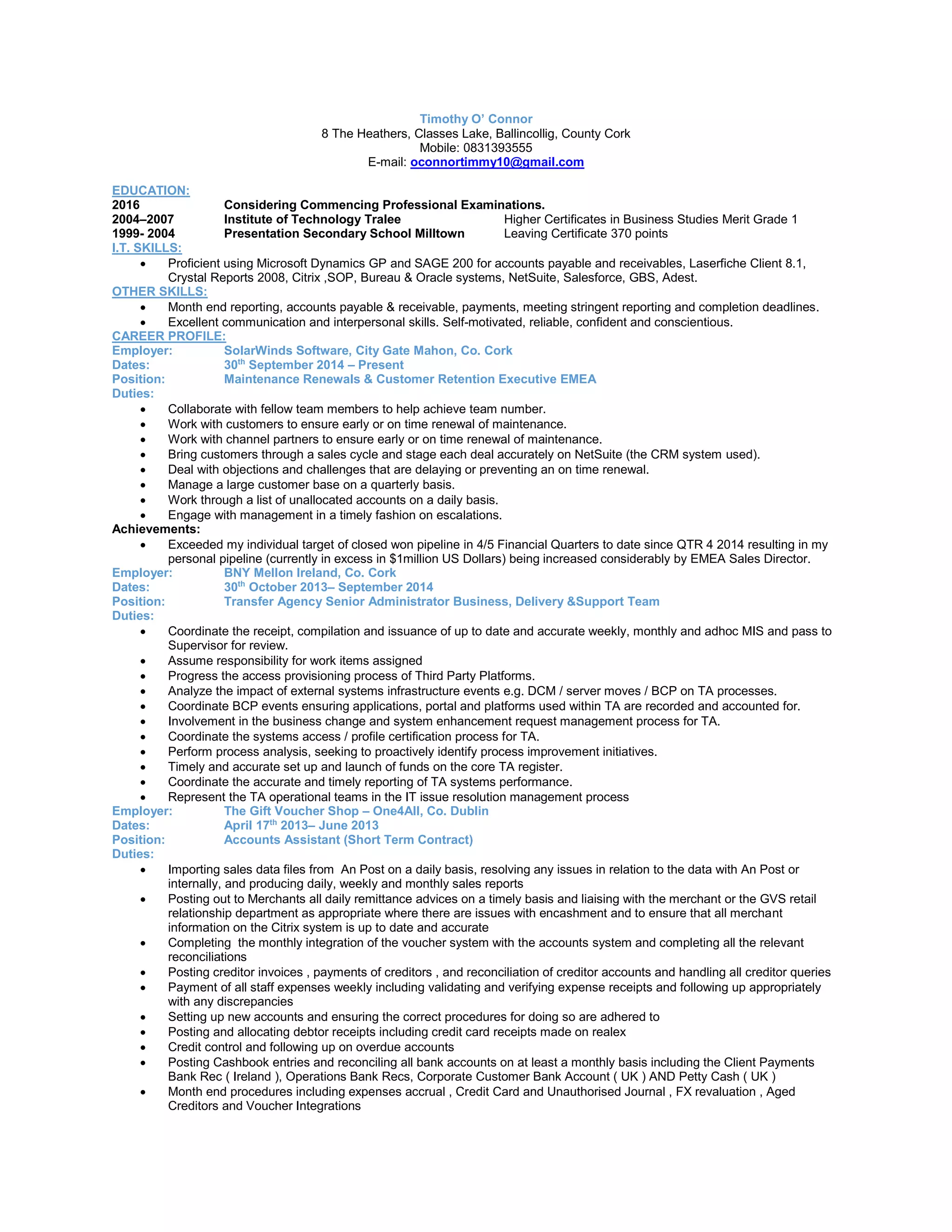 CV Timothy O'Connor Master | PDF