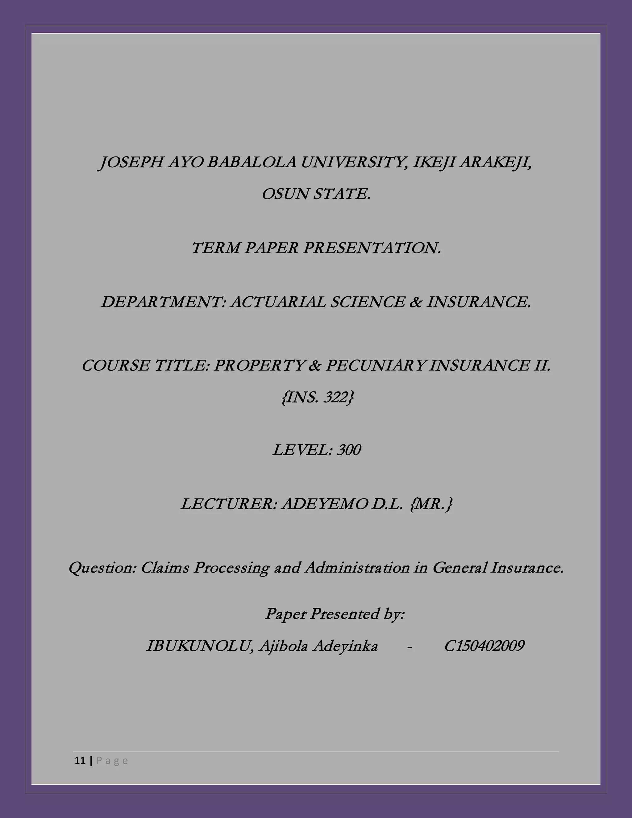 Claims Processing & Administration in General Insurance | PDF