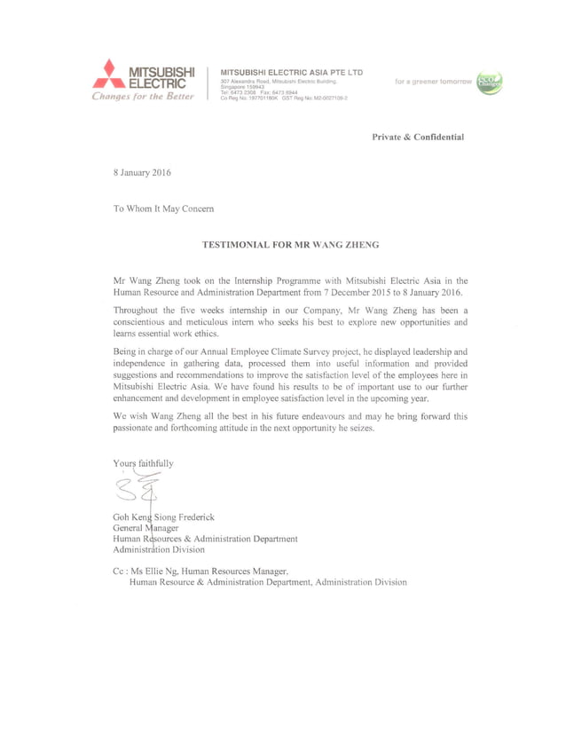 Letter of Recommendation_Mitsubishi Electric Asia Pte Ltd | PDF